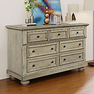 FRITHJILL 7 - Drawer Dresser, Traditional Solid Wood Chest of Drawers for Bedroom, Nursery, Stone Gray