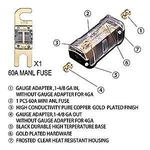 Magic source Mini ANL Fuse Holder Wire Inline Fuse 60 A,4/8 Gauge to 4/8 Ga Copper Gold-Plated Fuse Block for Car Audio (1 Way)