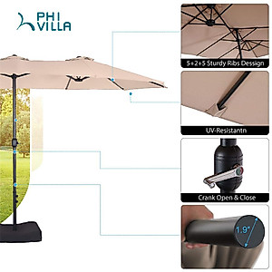 PHI VILLA 15ft Large Patio Umbrella Double-Sided Outdoor Market Pool Umbrellas with Crank, Umbrella Base (Stand) Included(Beige)