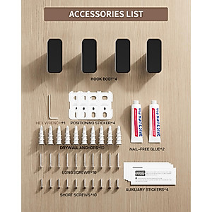 4-Pack Black Towel Hooks Shower hooks for Bathroom, Robe Hanger, Wall Hooks for Hanging Bag Hat Coat Mudroom Bedroom Kitchen, Adhesive with Glue or Mount with Screws, Matte Black Aluminum Heavy Duty