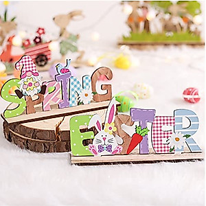 Easter Tabletop Decorations Signs, Easter Wooden Table Bunny Gnome Easter Decor Party Scene Decorative Props Easter Gifts Easter Decorations for The Home 2-Pack (Group 1)