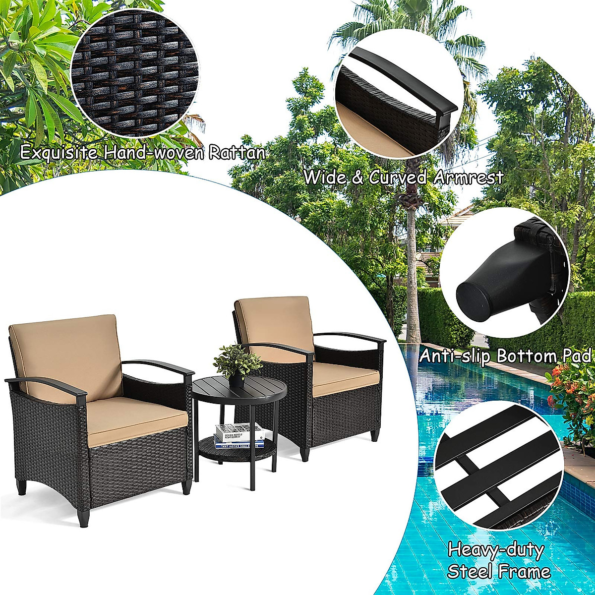 Tangkula 3 Piece Rattan Sofa Set, Patio Conversation Bistro Set w/Coffee Table, Seat and Back Cushions, Sturdy Steel Frame, Outdoor Furniture Set for Garden, Backyard, Balcony, Poolside