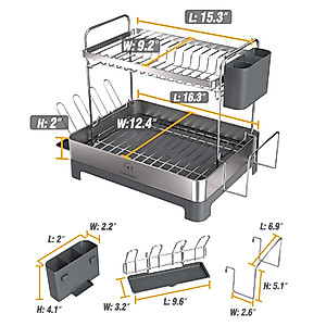 Genteen Dish Drying Rack, 2 Tier Large Dish Drying Rack with Drainboard 304 Stainless Steel Dish Rack for Kitchen Counter with Swivel Spout, Utensil Holder, Cup Rack