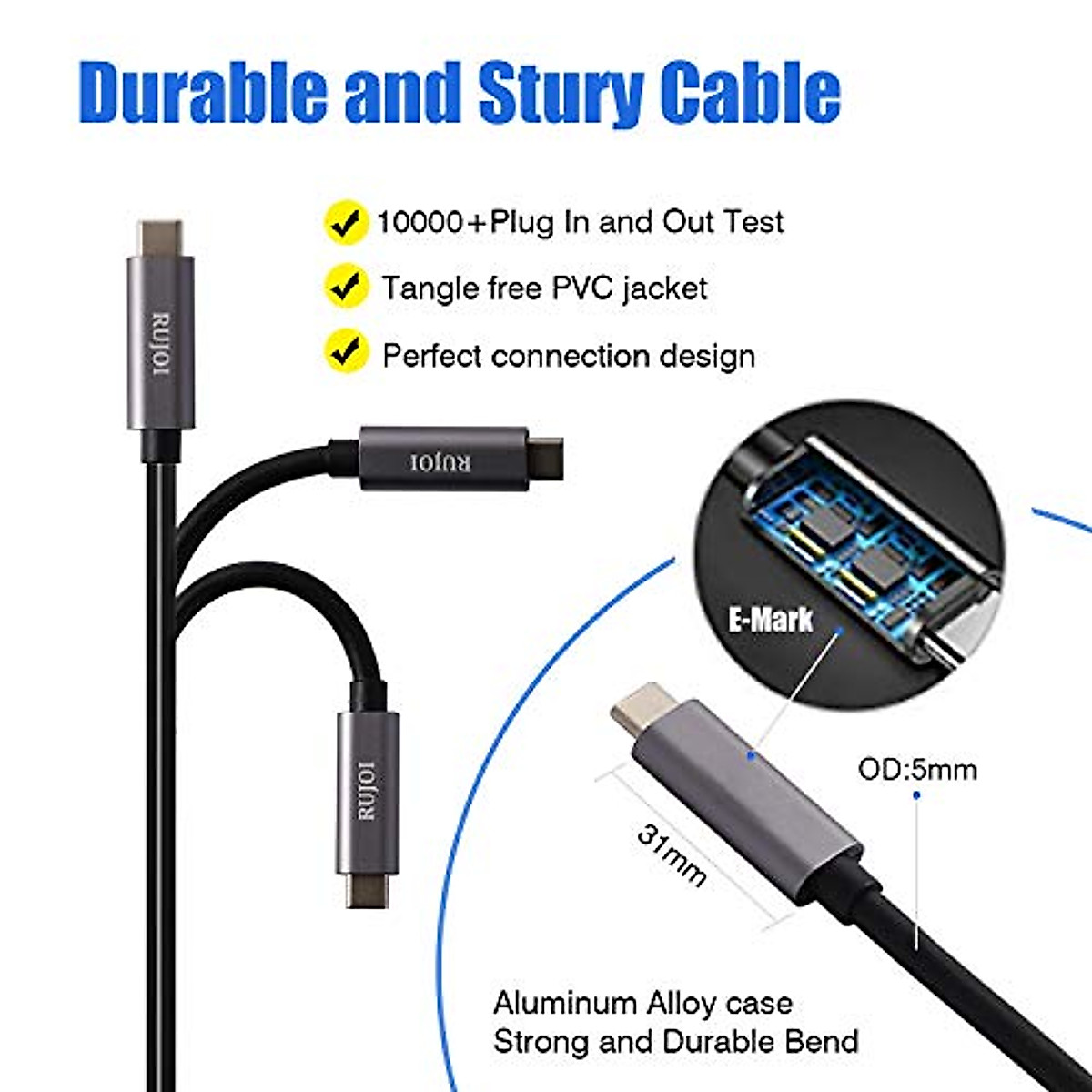 RUJOI Long USB C Cable 15FT with 100W Capacity, USB C to USC C 2.0 Cable Long 15 Feet Fast Charge Phone Cable 5A and 480Mps Data Speed, Cable Clip Included