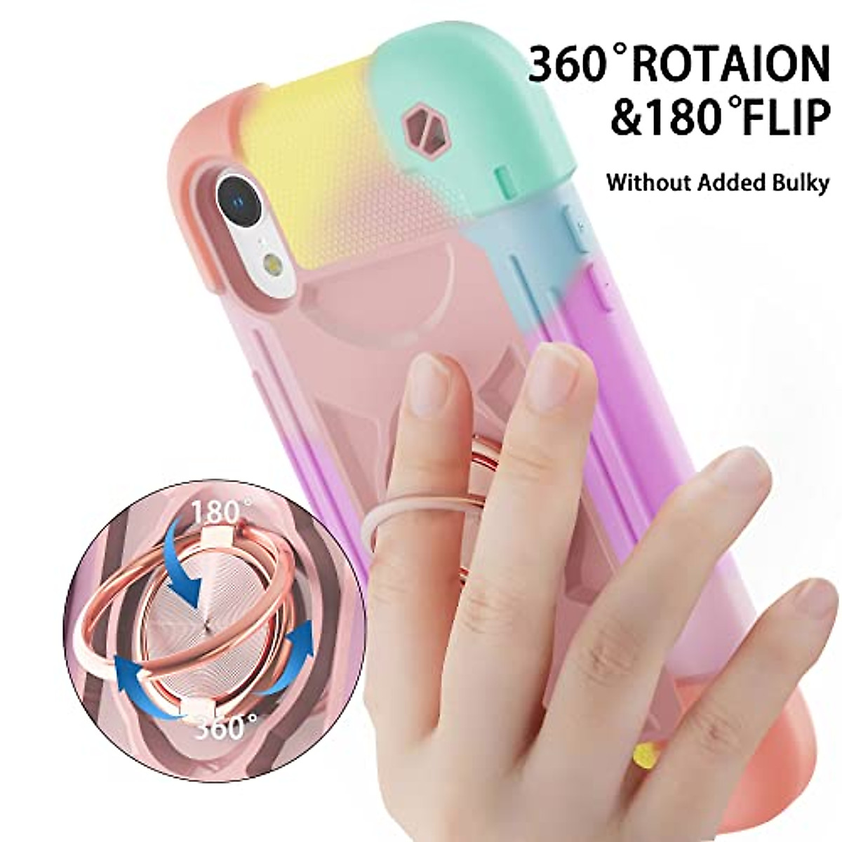 Cookiver for iPhone XR Case 6.1 Inch with Ring Stand, with 2 Pack Glass Screen Protector,Heavy-Duty Shockproof Rugged Military Grade Cover with Magnetic Car Mount for iPhone XR (Rainbow Pink)