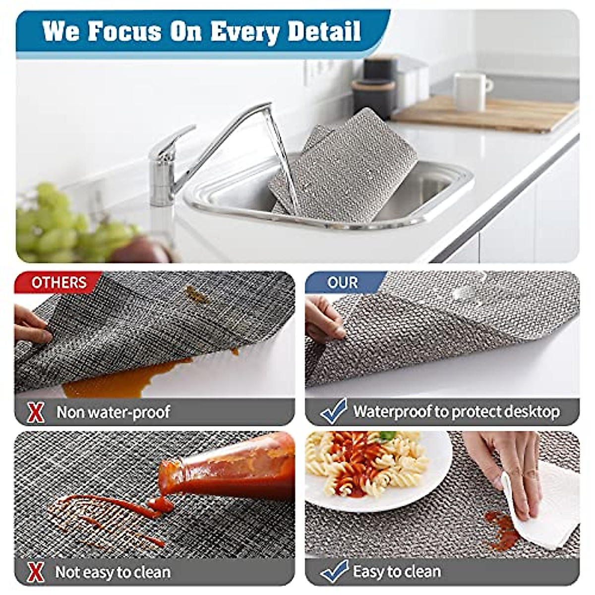 Tineeba PVC Placemats, Set of 6, Washable Dining Table Mats, Heat-Resistant, Easy to Clean, Non-Slip, Kitchen & Kids & Outdoor (Gray)