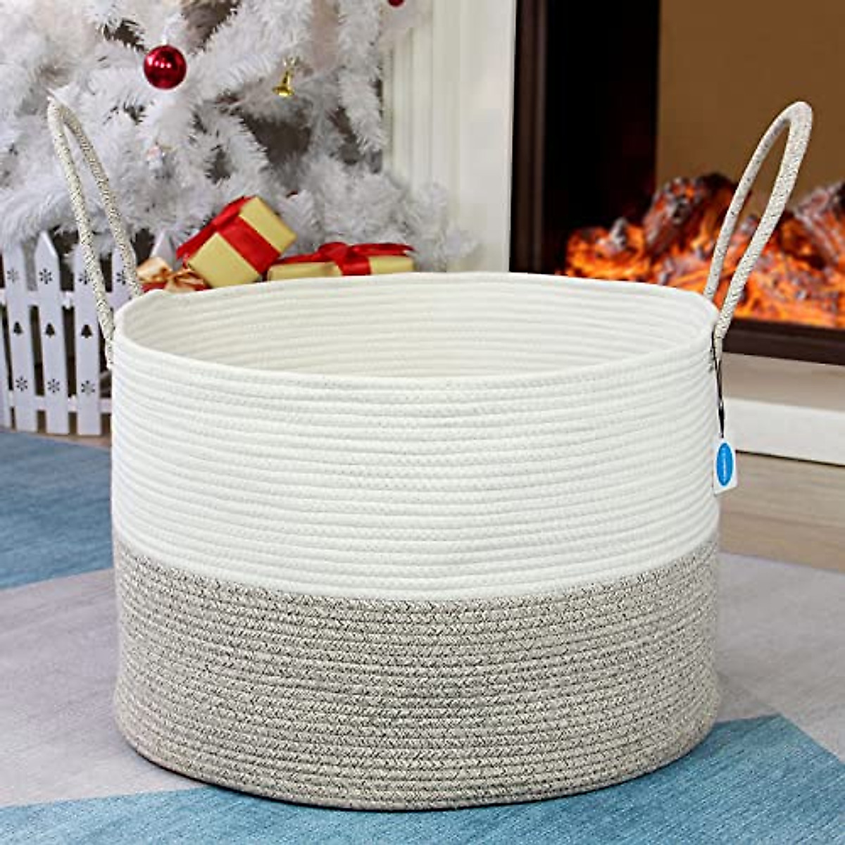 Casaphoria XXXLarge Cotton Rope Basket for Living Room - Woven Storage Basket with long Handle for Blankets, Towels and Pillows Laundry Hamper | Cream white and Brown (22" x 22" x 14")