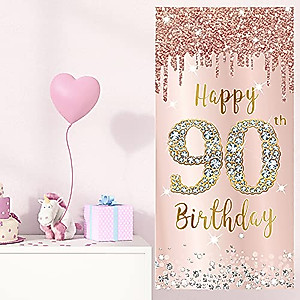 90th Birthday Door Banner Decorations for Women, Pink Rose Gold Happy 90th Birthday Door Cover Backdrop Party Supplies, Large 90 Year Old Birthday Poster Sign Decor