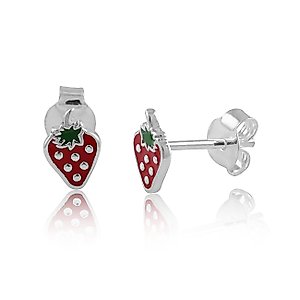 Sterling Silver Small Womens Fruit Red Strawberry Push Back Stud Earrings - Fruit Gifrts For Ladies Mom Wife 0.31in