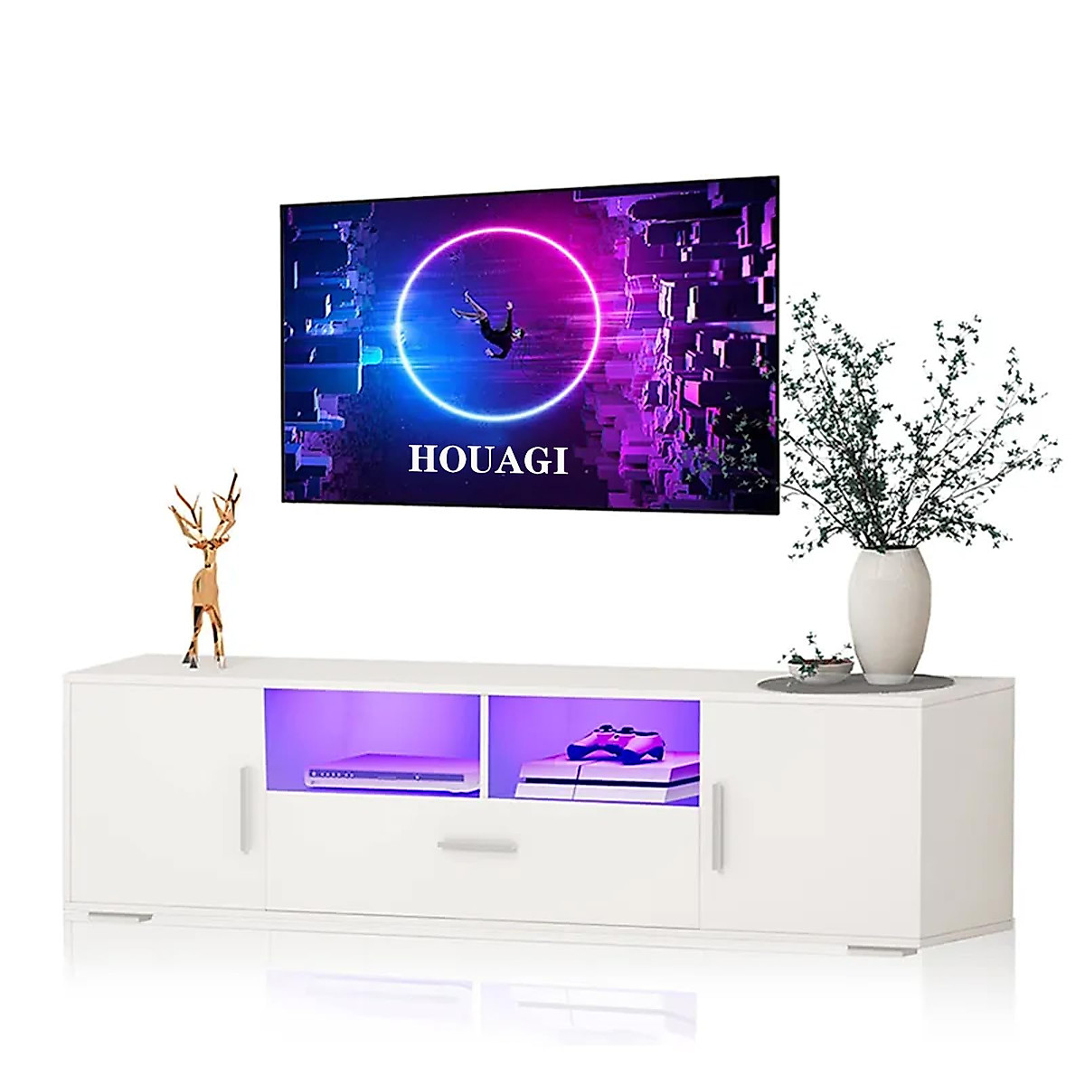 HOUAGI LED TV Stand for TVs up to 70 Inches, Modern Entertainment Center with Storage Drawers,TV Stands for Living Room Bedroom, White