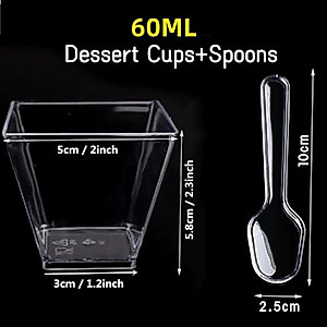 Wnqou 60ml Clear Dessert Cups with Spoons,50Pcs Reusable Plastic Dessert Cups,Mini Serving Bowl for Desserts Mousses,Puddings,Party ﻿