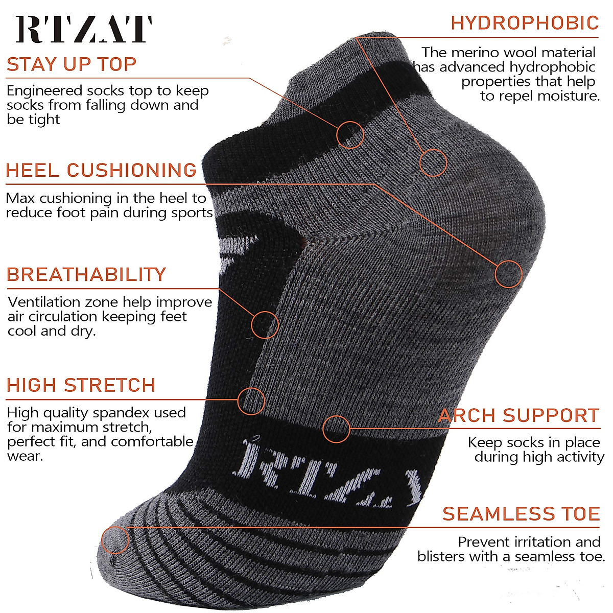 RTZAT 90% Merino Wool Athletic Running Tennis Ultra-Light Ankle Low Cut No Show Cushioned Socks for Men & Women, Large, Black&Dark Gray, 3 Pairs