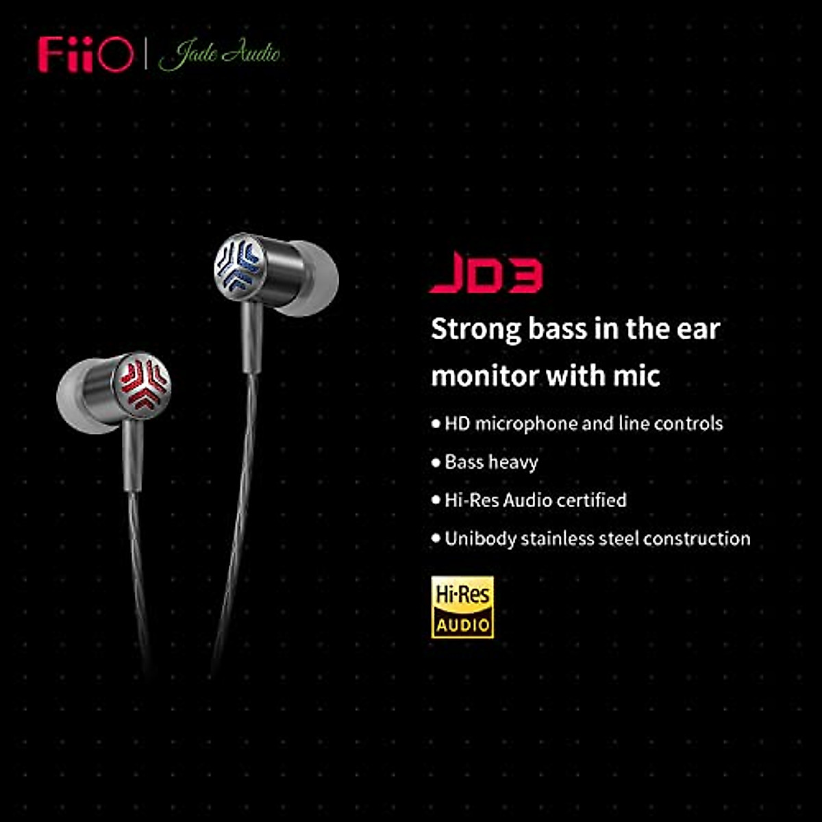 FiiO JadeAudio Headphone Earbuds Wired High Resolution Strong Bass Lossless 1DD for PC/Smartphones/Laptop with Mic JD3 (Silver)