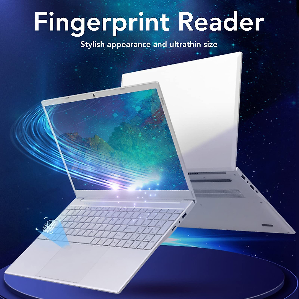 Yunseity 15.6in Laptop, 2K FHD Laptop for Windows 10, 12GB 256GB 4 Cores Portable Laptop Computer with Backlit Keyboard, Fingerprint Unlock Silver Laptop