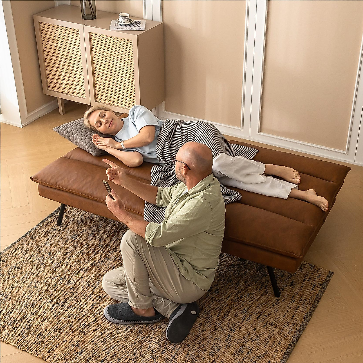 Futon Sofa Bed, Memory Foam Futon Couch with Adjustable Backrest, Multi-Functional Design Convertible Sofa Bed, Space-Saving Sleeper Sofa for Living Room(Brown-PU)