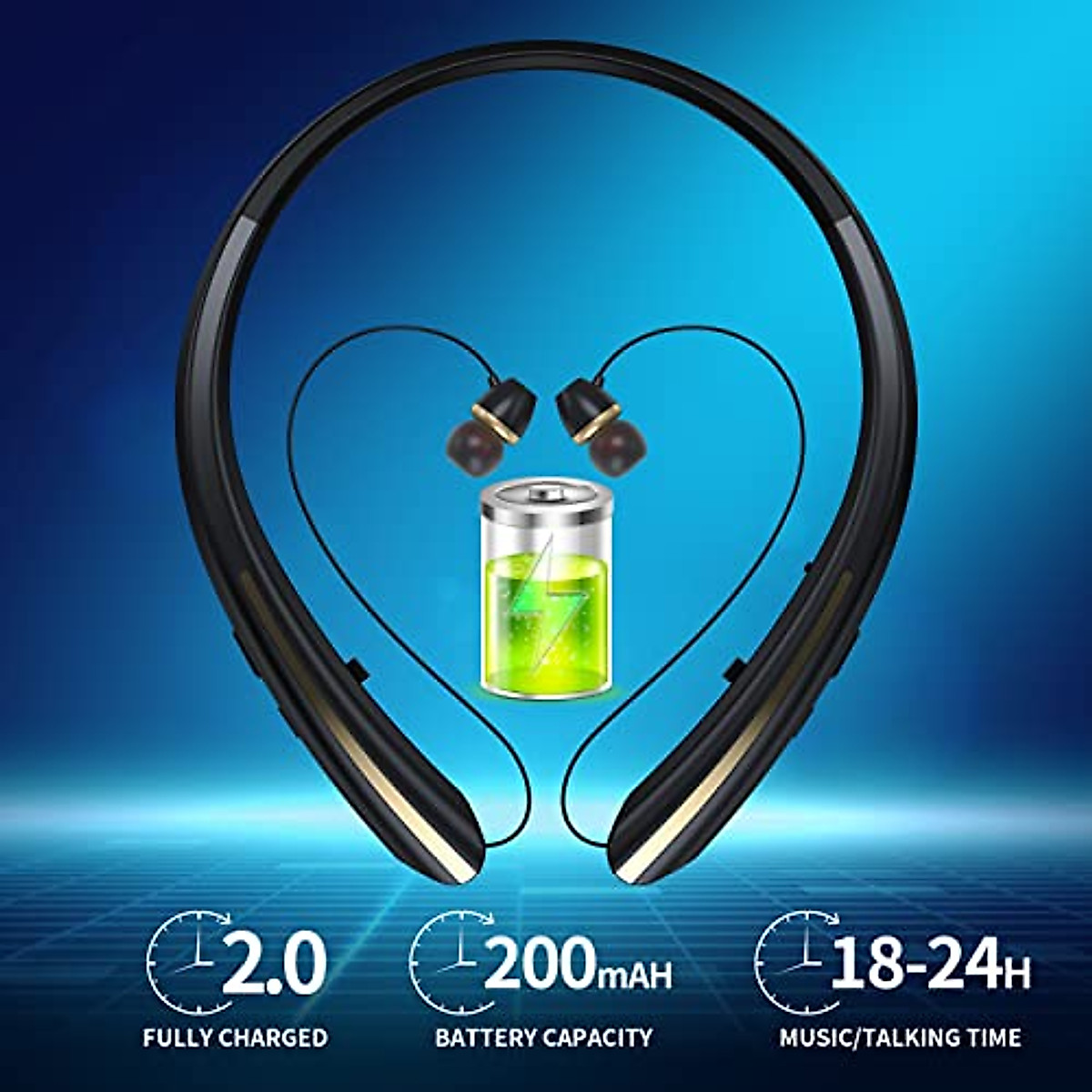 Bluetooth Headphones Retractable, Neckband Earbuds Wireless Headset Sports Noise Cancelling Stereo Earphones with Microphone Compatible with iPhone, Smart Phone, Android, Samsung, iPad (Black Gold)