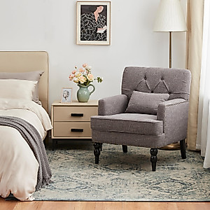 HUIMO Tufted Club Chair with Lumbar Pillow,Upholstered Button Armchair,Accent Reading Chair,Linen Fabric Sofa Chairs for Bedroom, Living Room, Mid Century Modern with Studded Chair Grey