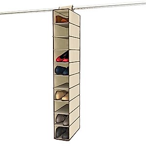 Ziz Home Hanging Shoe Organizer for Closet, 10 Shelf, Tough Fabric 12”x6”x47” | Closet Shoe Organizer Hanging | Shoe Storage Hanging Shoe Holder | Shoes Sorter Shelves Rack Hanger (Beige)