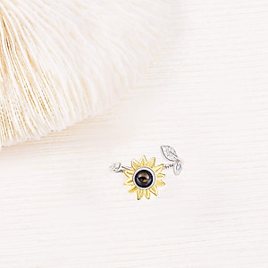 Fookduoduo Sunflower Ring for Women 925 Sterling Silver Jewelry You are My Sunshine Flower Ring Projection Finger Adjustable I Love You 100 Language Ring for Girlfriend Wife