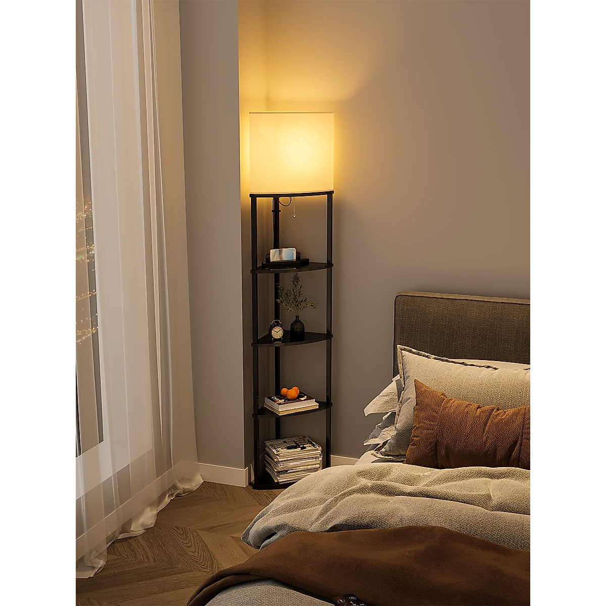 addlon 4-Tier Corner Shelf Floor Lamp, Sector Floor Lamp with Type C, USB Port and 3CCT LED Bulb, Modern Display Floor Lamp for Bedroom, Living Room, Office - Black