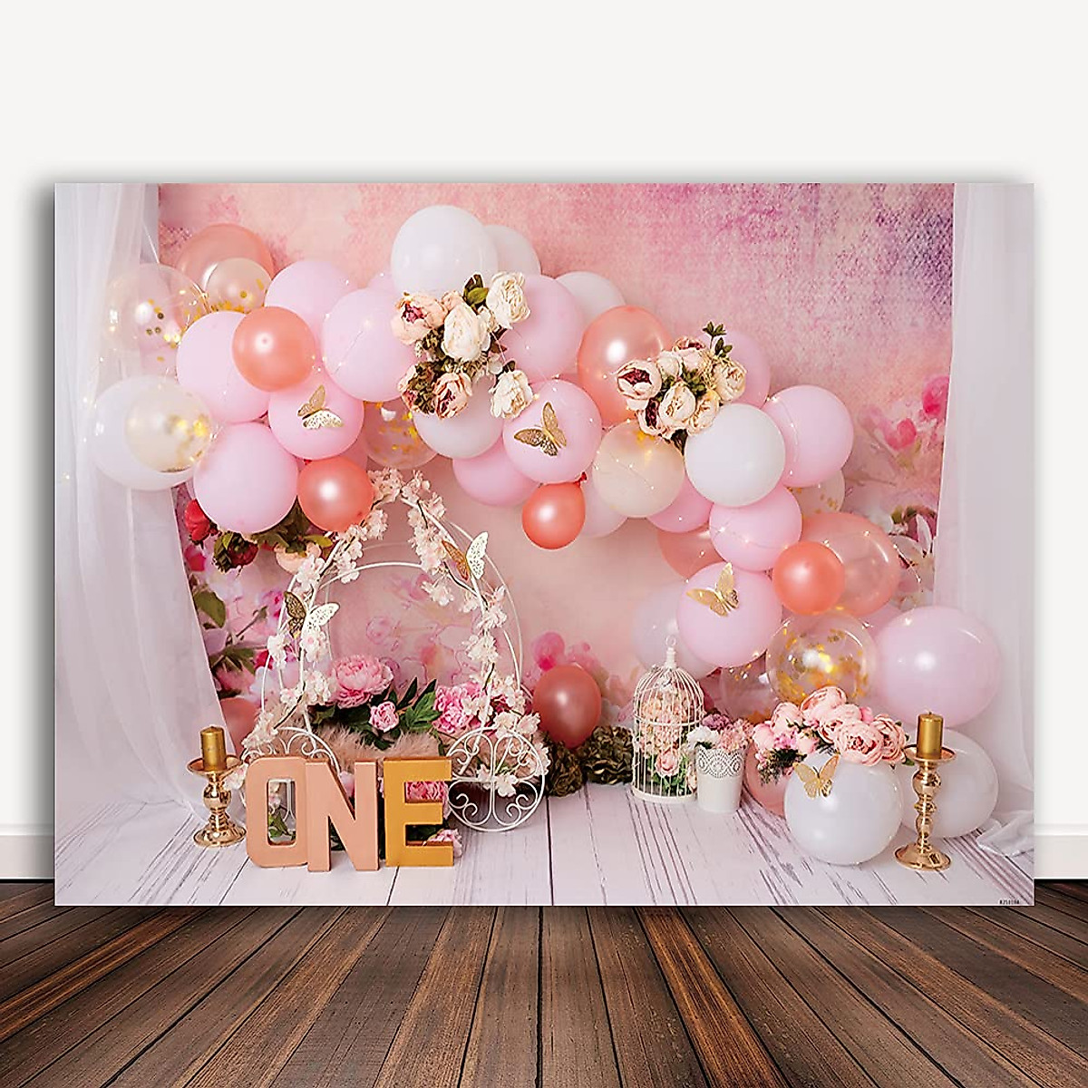 Bellicremas Butterflies Gold Pink First Birthday Photography Background Princess Theme Flowers Pink Carriage Girls 1st Birthday Backdrop One Year Old Cake Smash Banner