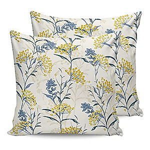 Outdoor Throw Pillow Cover Farmhouse Yellow Berry Blue Plant Waterproof Cushion Covers 2 Pack Boho Botanical on Beige Pillow Cases Home Decoration for Patio Garden Couch Sofa