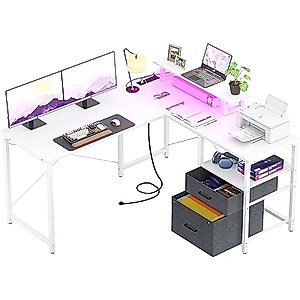 Homieasy L Shaped Computer Desk with Storage File Drawer, Reversible Home Office Desk with Recessed Power Strip and Led Strip, Corner Gaming Desk Work Study Table with Monitor Stand, White