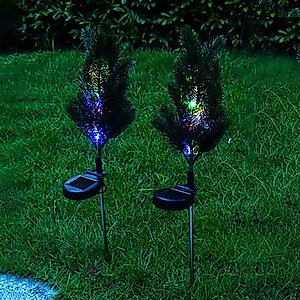 BWWNBY Solar Decorative Garden Stakes Lights, Christmas Party Outdoor Decor Trees with Multi Color Balls LED Flash Lights Waterproof for Home Lawn Yard Patio Pathway Landscape(Black+Green)