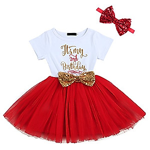 Baby Girls It's My 1st/2nd Birthday Cake Smash Banquet Fall Outfits Shinny Printed Sequin Bow Tutu Princess Dress Clothes Set 2pcs Red(2 Years)