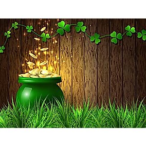 BELECO 7x5ft Fabric St. Patrick's Day Backdrop Pot of Gold Coins Wooden Wall Green Lucky Irish Shamrock Backdrops for Photography Holiday Party Supplies Banner Newborn Baby Kids Photo Background Props