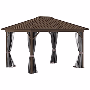 TBGFPO 10' X 12' Outdoor Hardtop Gazebo with Aluminum Frame, Metal Roof Gazebo Canopy with Curtains and Netting
