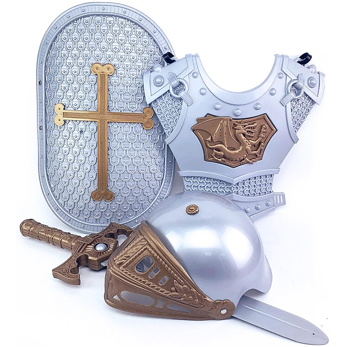 Medieval Knight in Shining Armor, Kids Crusader Pretend Role Play Plastic Costume Dress Up Cosplay with Toy Swords, Axe, Shield, Weapons & Accessories Playset