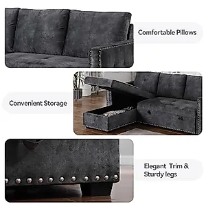 Morden Fort Sectional Sleeper Sofa with Pull Out Bed Storage, Queen Size 91 inches Sofa Bed, L-Shape Sectional Couch with Comfy Chaise Seat Sectional Sleeper Couch for Living Room, Black