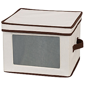 Household Essentials 536 Dinnerware Storage Box with Lid and Handles | Storage Bin for Dinner Plates | Natural Canvas with Brown Trim
