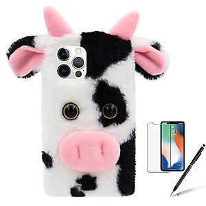 Girlyard Milk Cow Case for LG Stylo 6, Cute 3D Cartoon Dairy Cattle Fluffy Hairy Silicone Cover Fuzzy Warm Faux Stuffed Plush Doll Soft Furry Protective Shell for Women Girls - Black