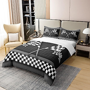 Castle Fairy 100% Nature Cotton Race Car Themed Duvet Cover Set Stripes Geometric Honeycomb Comforter Cover Set Twin Size with 1 Pillowcase Black White Checkered Flag Print Bedding Set