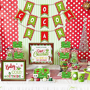 Winter Hot Chocolate Bar Kit Hot Cocoa Bar Banner Christmas Red Green Hot Chocolate Bar Signs Baby It's Cold Outside Toppings Labels Cup Tags Stickers for Wintertime Holiday Baby Shower Birthday