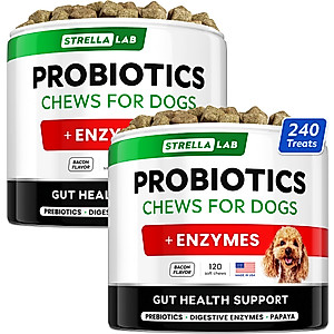 StrellaLab Dog Probiotics Treats for Picky Eaters - Digestive Enzymes + Prebiotics - Chewable Fiber Supplement - Allergy, Diarrhea, Gas, Constipation, Upset Stomach Relief - Improve Digestion&Immunity