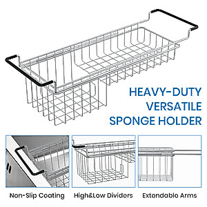 TreeLen Sink Caddy Sponge Holder Kitchen Sink Organizer Sponge Caddy Farmhouse Sink Accessories Rag Detergent Brush Dishwashing Liquid Rack Expandable 14-3/4" to 20" Stainless Steel