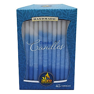 Dripless Chanukah Candles Standard Size - Decorated Ombre Blue & White Hanukkah Candles Fits Most Menorahs - Premium Quality Wax - 45 Count for All 8 Nights of Hanukkah - by Ner Mitzvah