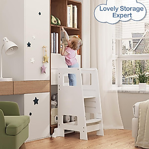 Kids Step Stool Toddler Learning Tower Solid Wood Kids Learning Stool, Kids' Standing Tower, Baby Standing Tower for Counter, Children Standing Stool - White