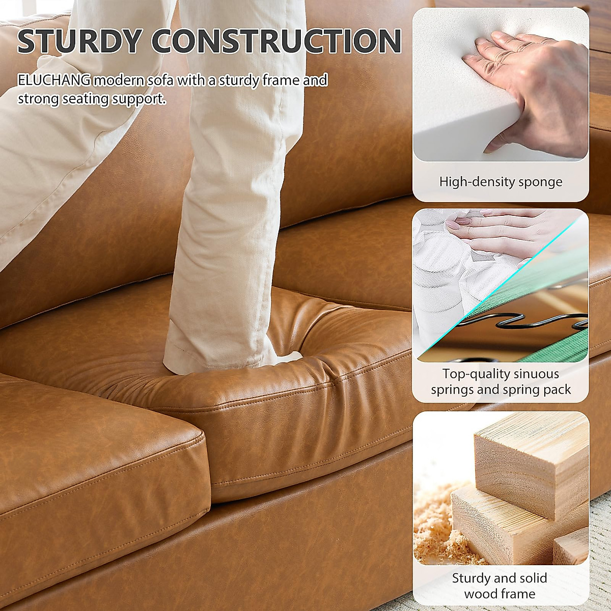 ELUCHANG 85" Luxury 3 Seater Sofa Couch for Living Room, Modern Upholstered Faux Leather Sofas Couches with Extra Deep Seats&Removable Cover, Comfy Sofa Couch for Small Space Apartment Lounge, Brown