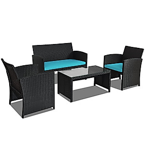 Goplus Rattan Patio Furniture Set 4 Pieces, Outdoor Wicker Conversation Sofa and Table Set with Soft Cushions & Tempered Glass Coffee Table for Balcony Garden Backyard (Turquoise)
