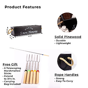 S’mores Station Wooden Box S’mores Bar Carrier with Durable Handles Smores Caddy with Marshmallow Sticks, Farmhouse Decor, Rustic Smores Kit - Great for Parties, Entertaining, Camping (Black)