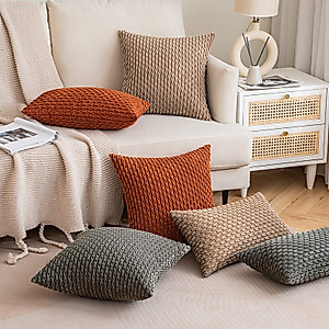 EMEMA Throw Pillow Covers Soft Corduroy Decorative Boho Striped Pillowcases Square Cushion Case Farmhouse Home Decor for Couch Sofa Living Room Bed Pack of 2, 18x18 Inch Brown