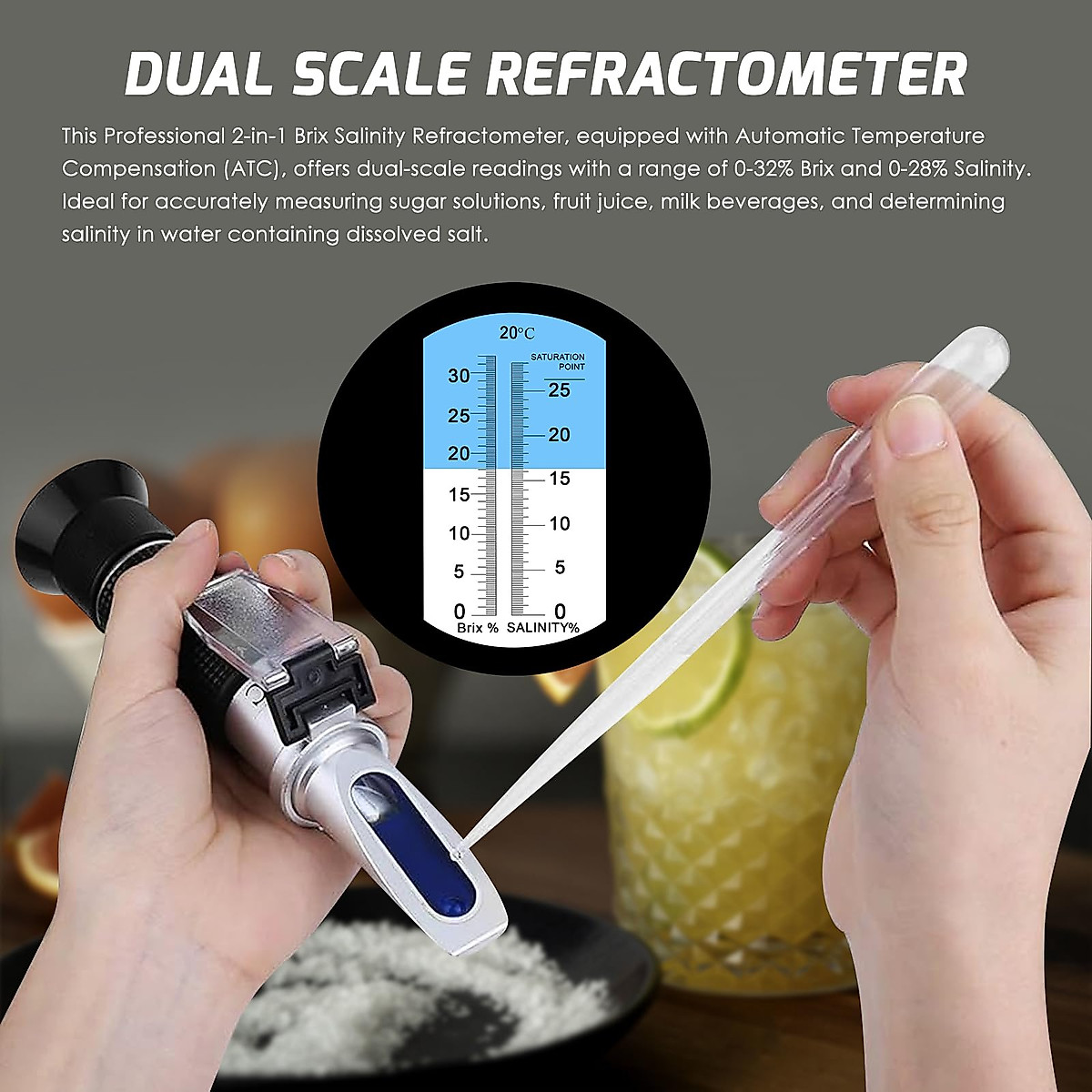 2-in-1 Brix Salinity Refractometer, Professional Brix Refractometer with ATC, and Dual Scale 0-32% Brix & 0-28% Salinity with ATC Sodium Chloride in Food Salt Seawater Brine Beer fruits Cutting Liquid