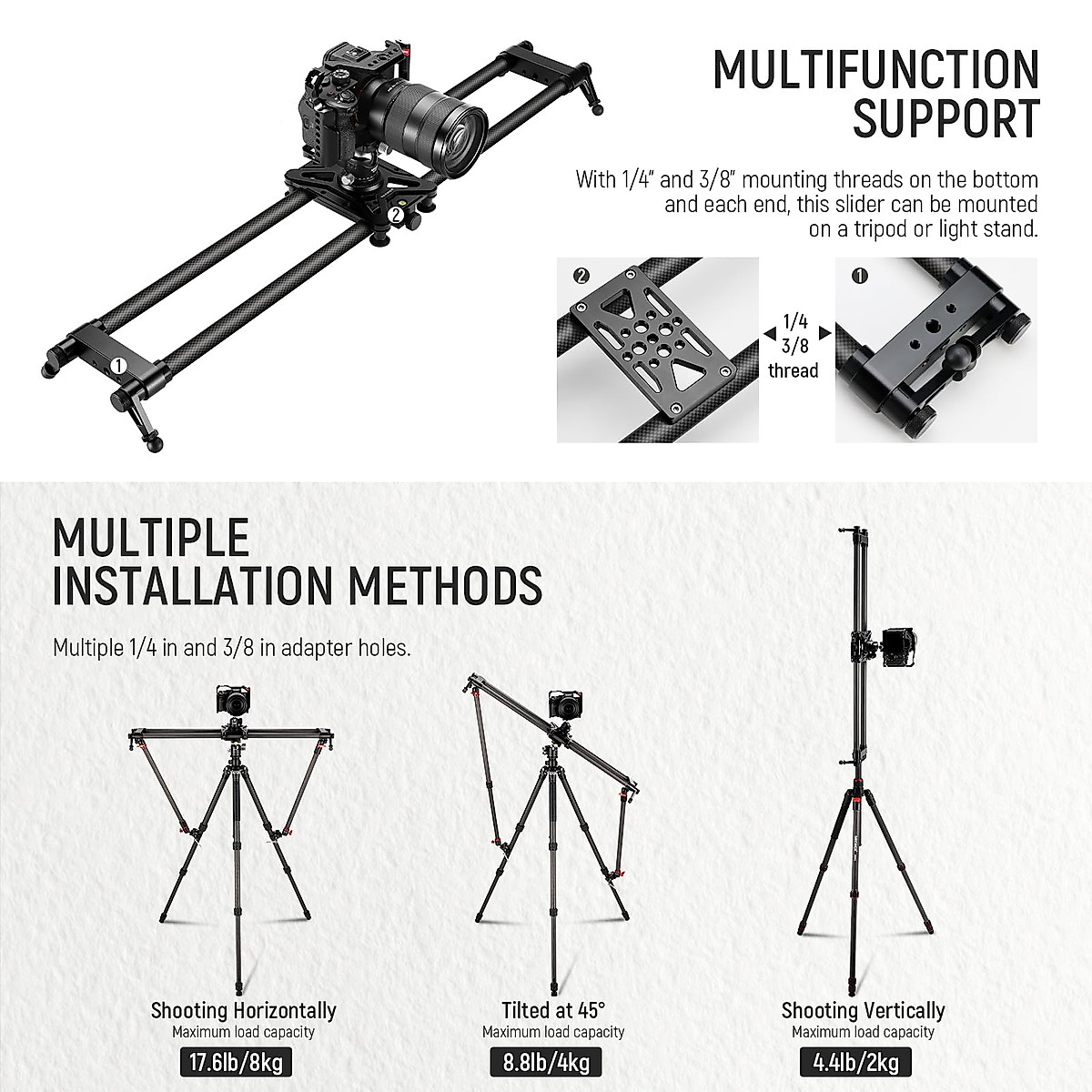 NEEWER 31.5 inches / 80 cm Carbon Fibre Camera Slider, Dolly with Thicker Tube and More Stable Support, 4 Precise Smooth Bearings and Levelling for DSLR Camera Camcorder, max Load 8 kg, CS80 cm
