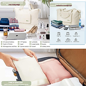 Foldable Travel Duffel Bag for Women, Water Resistant Personal Item/Carry Bag, Expandable Overnight Weekender Bag with Wet Compartment & Luggage Sleeve, Lighetweight Sport Tote Gym Bag (Beige)