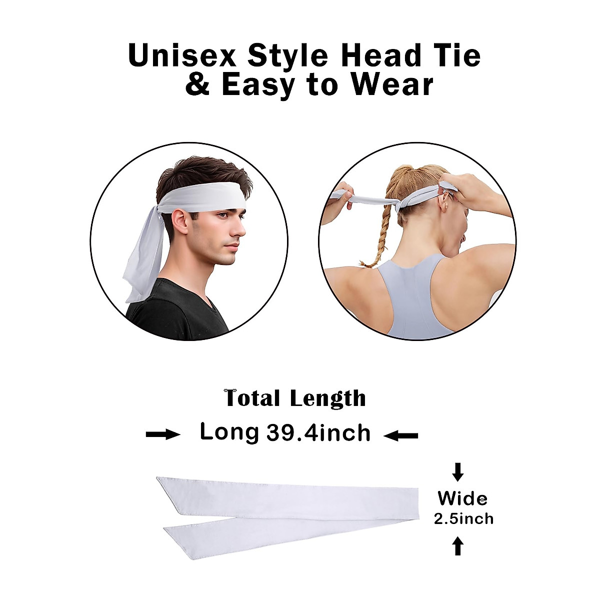 White Head Tie Headband, Sweat Wicking Tennis Tie Headbands, Quickly Dry Sweatband for Men Women, Ninja Karate Head Wraps, Basketball, Running, Workout (White 4 Pack)
