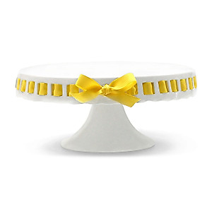 10 inch Pedestal Footed Cake Display Stand with Scalloped Edge and Interchangeable Ribbon Trim (Includes 3 Grosgrain Ribbons) Perfect for Wedding Cakes Baby Showers Birthdays